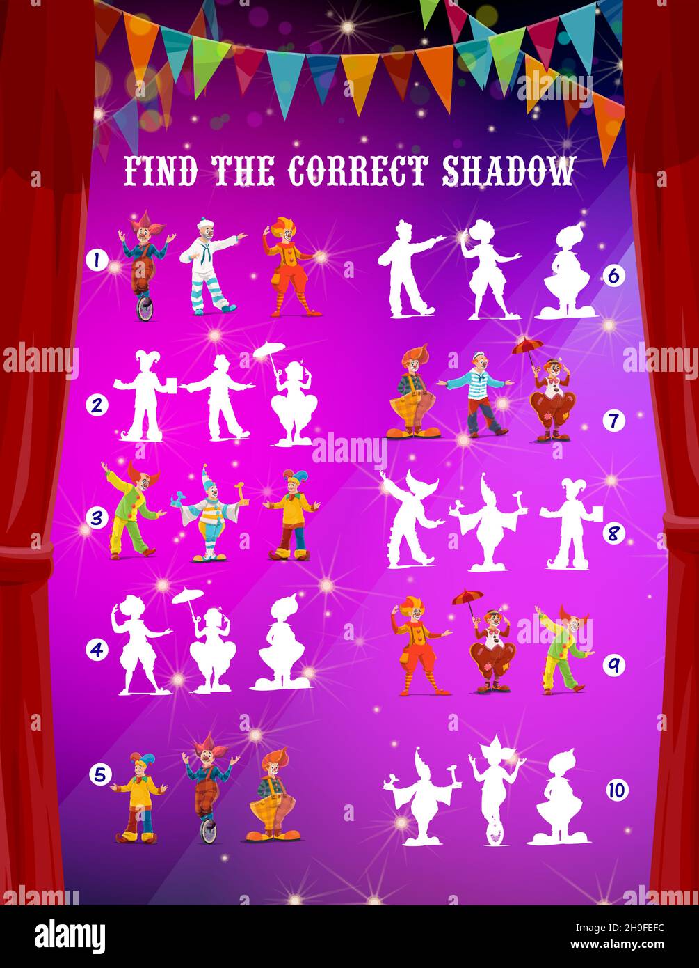 Kids maze game, find correct circus clown shadow, vector find and match ...