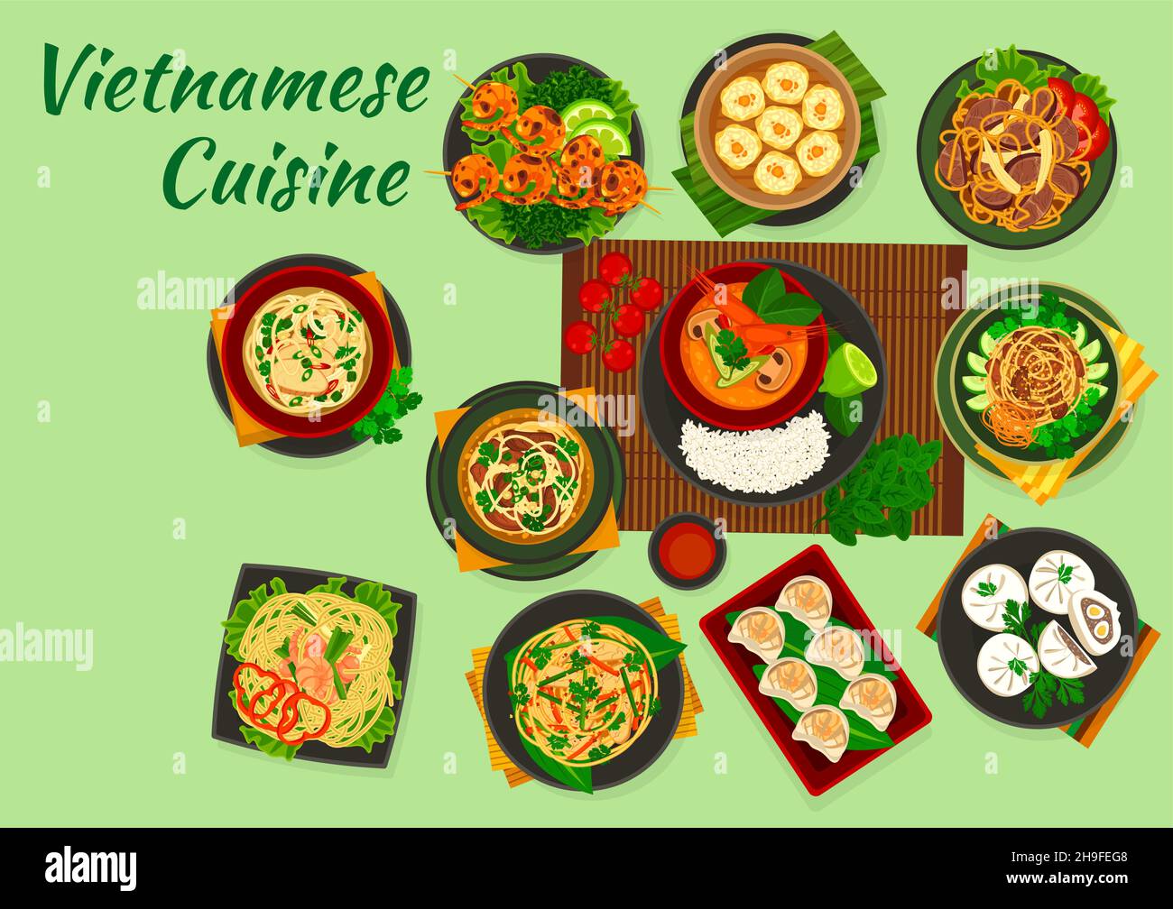 Vietnamese cuisine food of vector meat, seafood and vegetable Asian ...