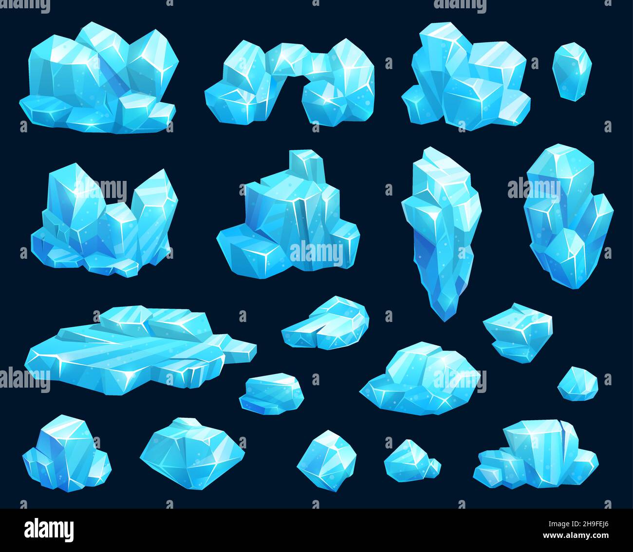 Cartoon frozen ice crystals and icicles, vector snow blocks and ...
