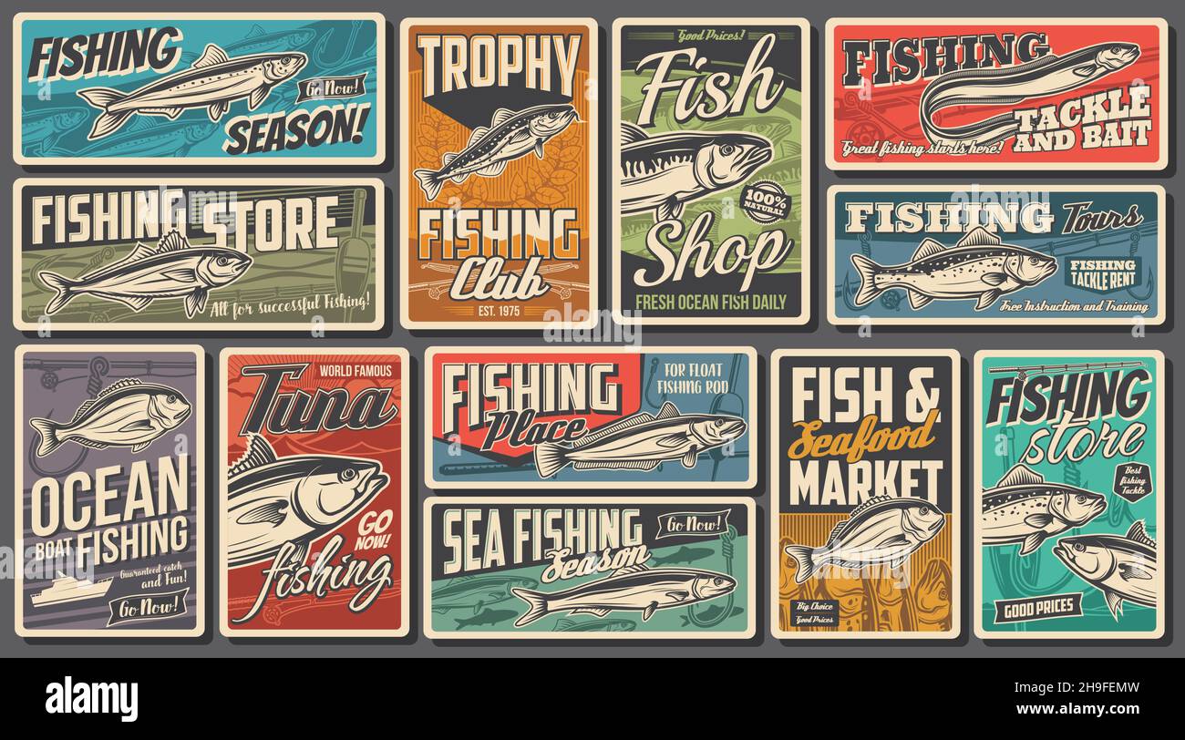 Ocean fishing club, seafood shop and market retro posters. Mackerel ...