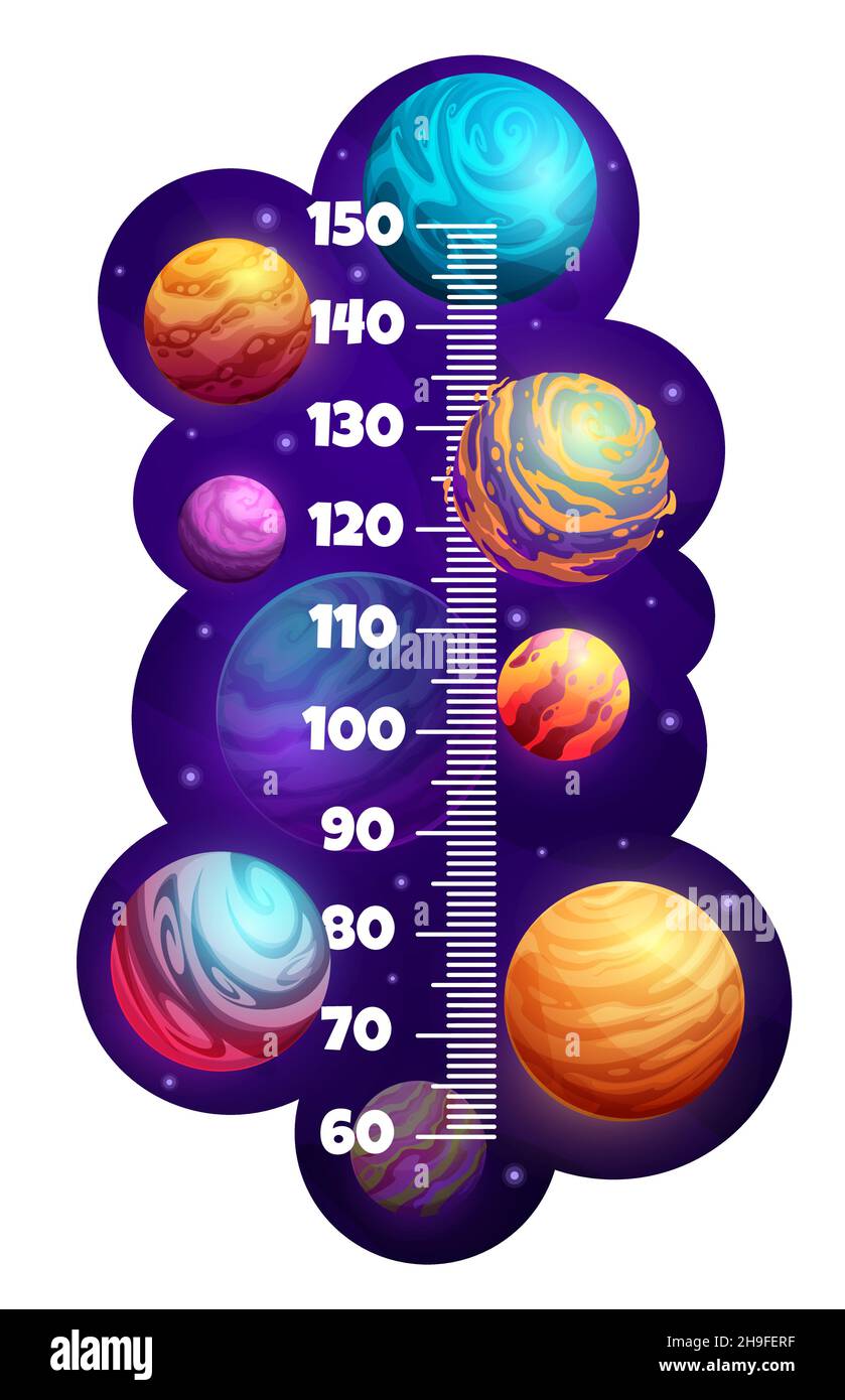 Kids height chart, cartoon galaxy space planets and stars growth ...