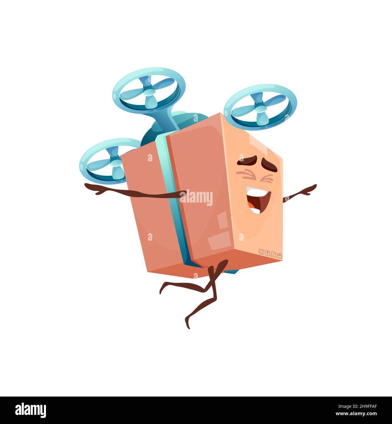 Cartoon cardboard box package delivering by copter. Vector drone with ...