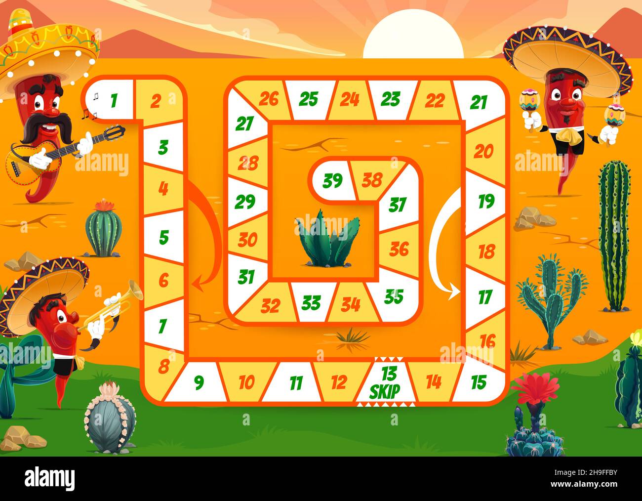 Kids board game with Mexican mariachi musicians and cactus in desert ...