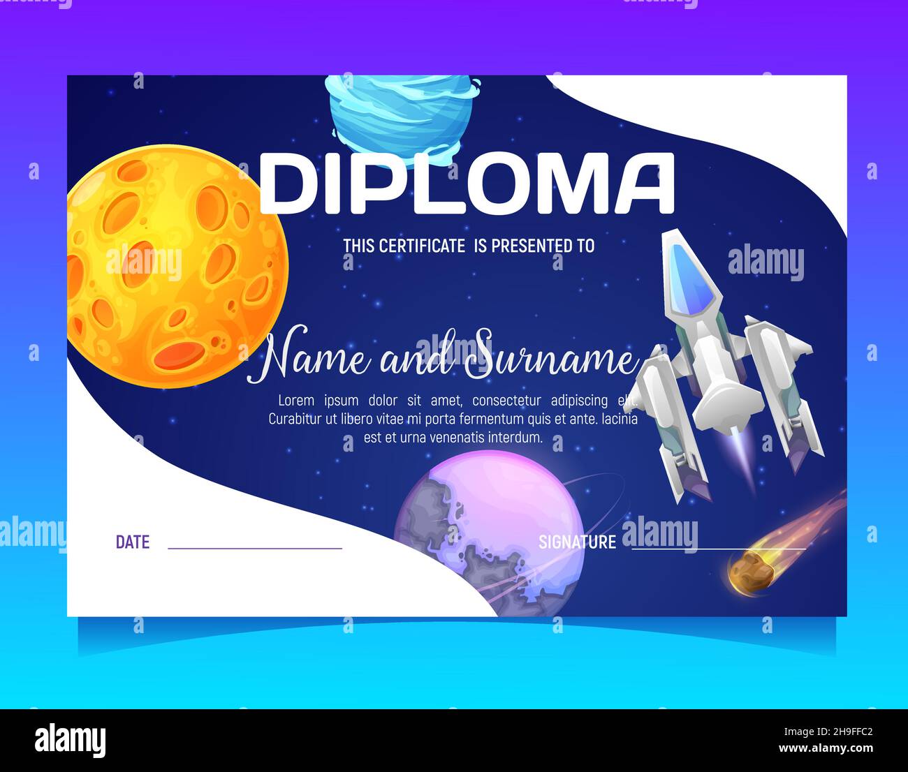 Kids diploma with cartoon starship, asteroid and space planets. Vector ...