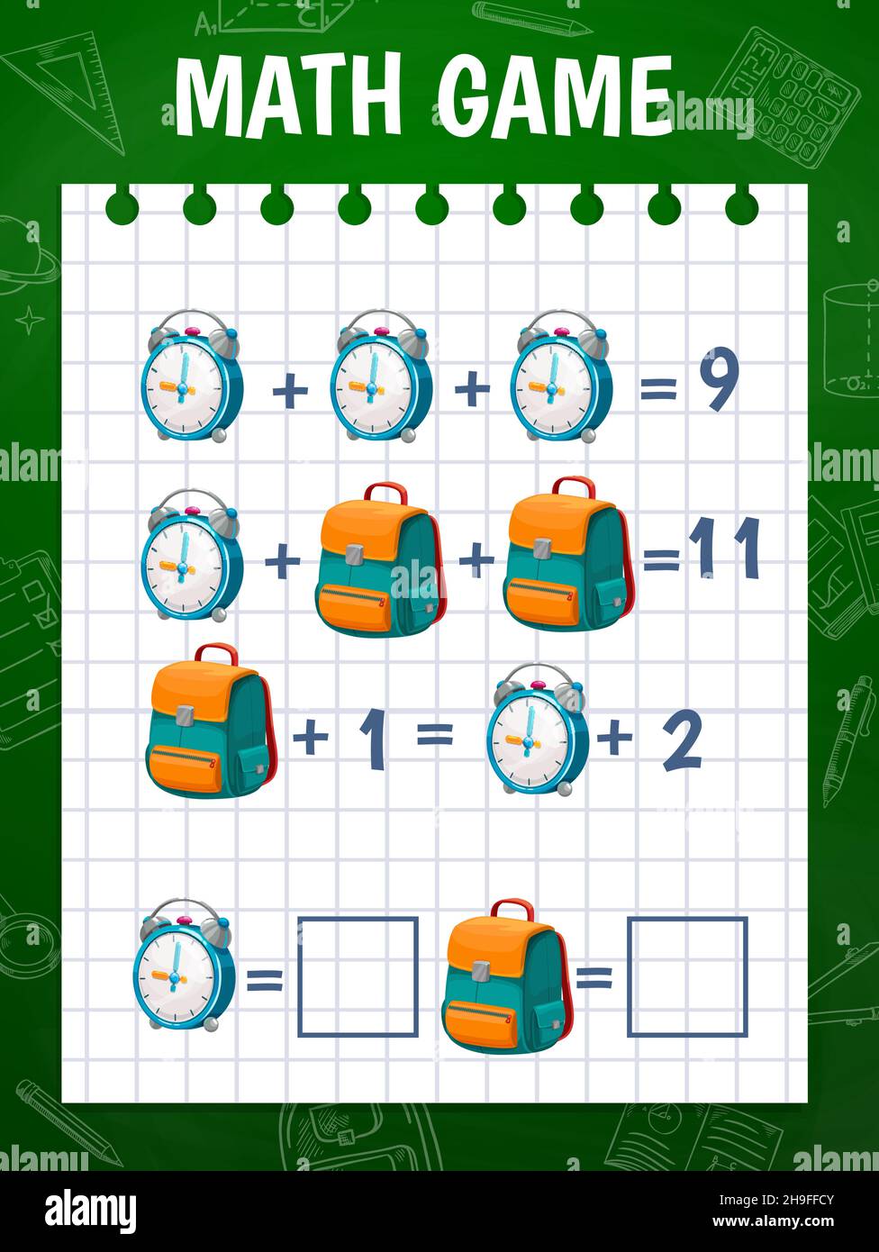 Cartoon schoolbag and alarm clock, math game worksheet vector education ...