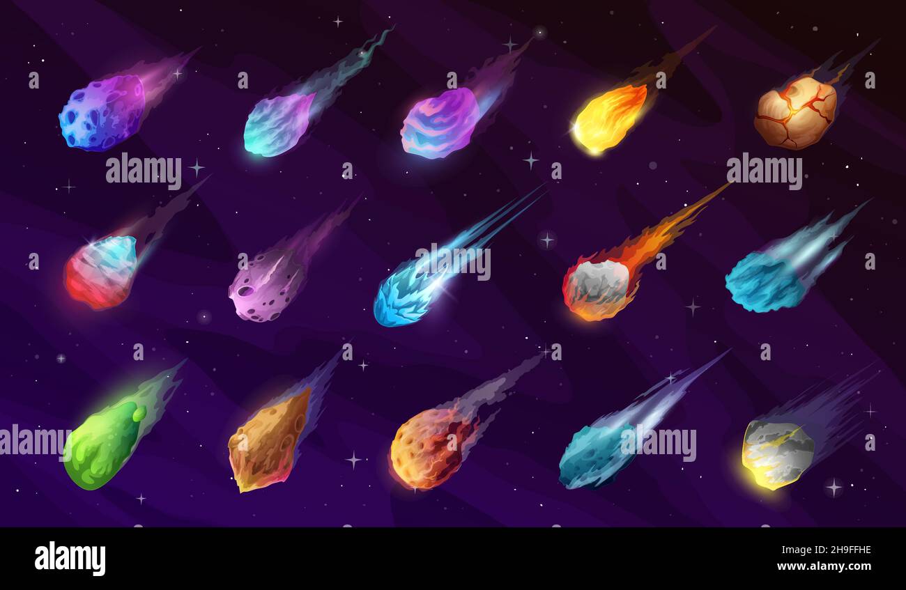 Asteroids Comets And Meteors With Trails Cartoon Galaxy And Outer Space Vector Planets
