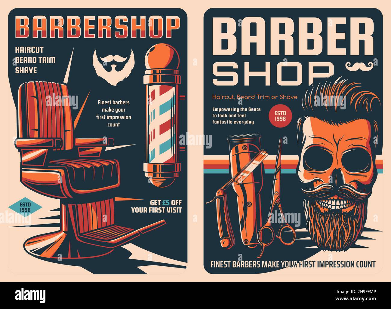 Barbershop poster. Skull with mustaches and beards. Barber shop and men ...
