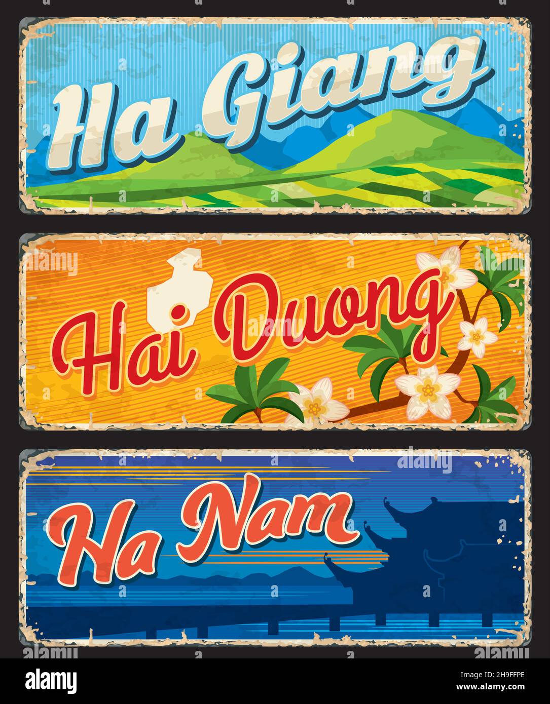 Ha Giang, Hai Duong and Ha Nam vietnamese regions vintage vector cards ...