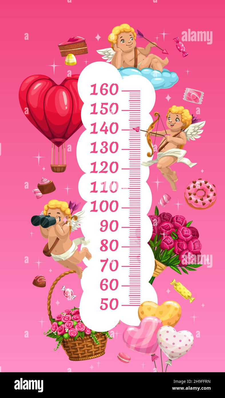 Kids height chart with cupids and gifts growth meter. Vector wall ...