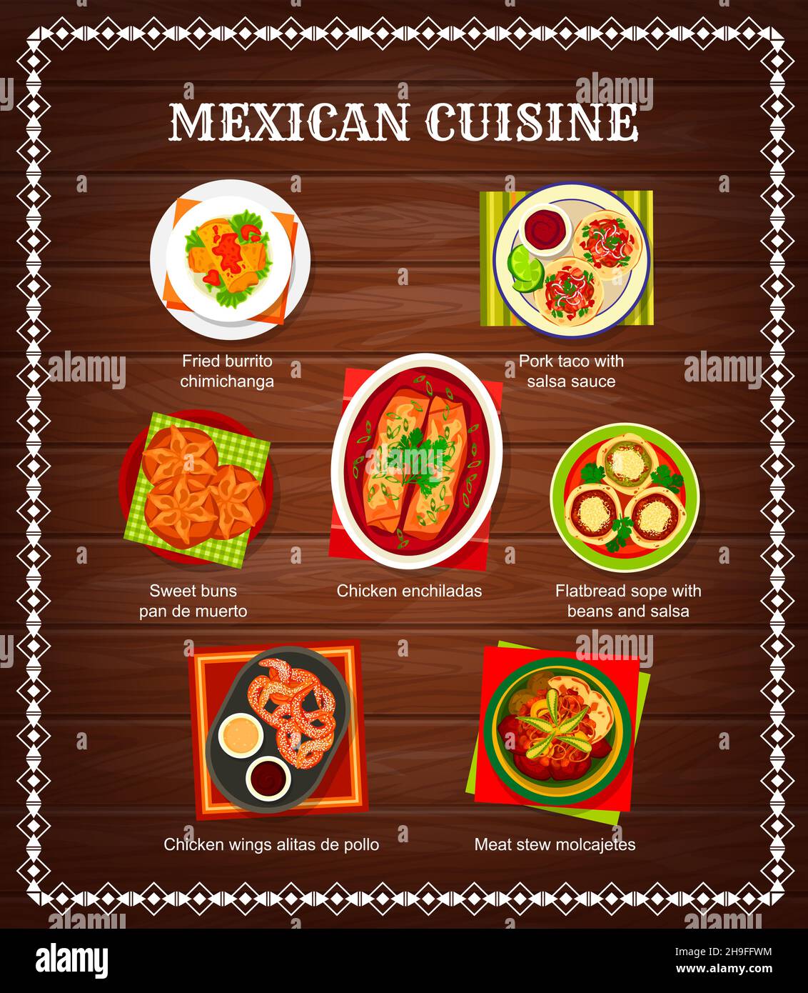 Mexican food menu, Mexico cuisine dishes and salsa for tacos and ...