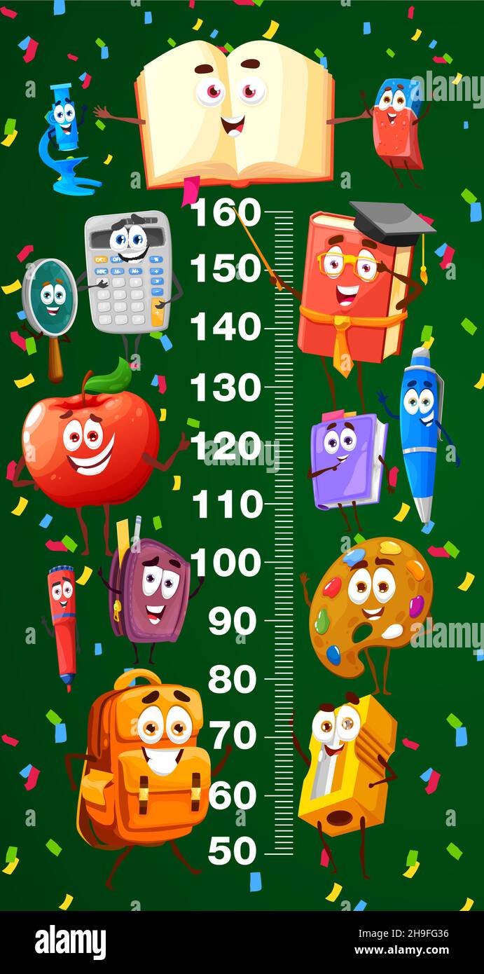 Kids height chart with school books and stationery characters. Growth ...