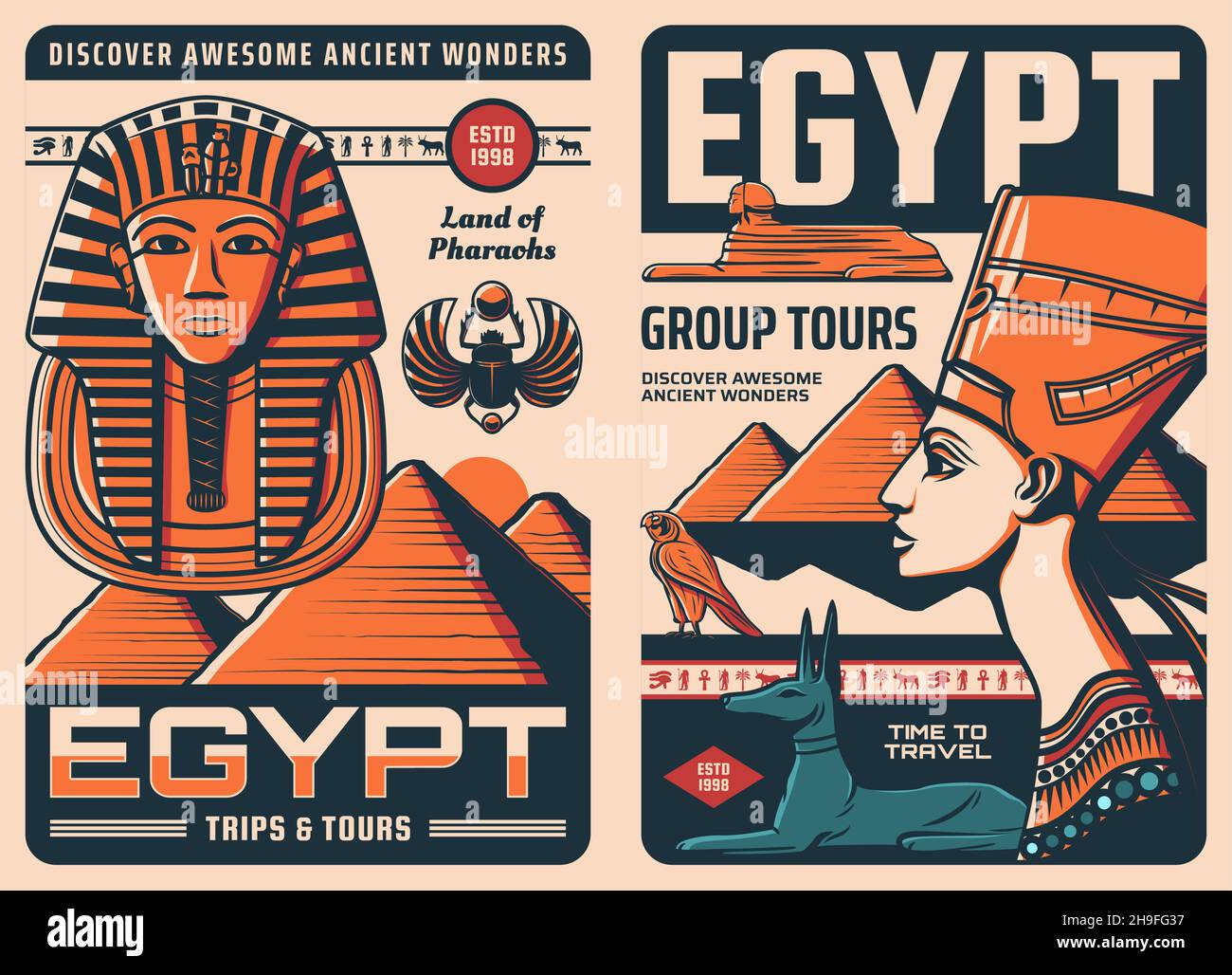 Ancient Egypt travel retro posters, pharaoh and pyramids landmarks ...