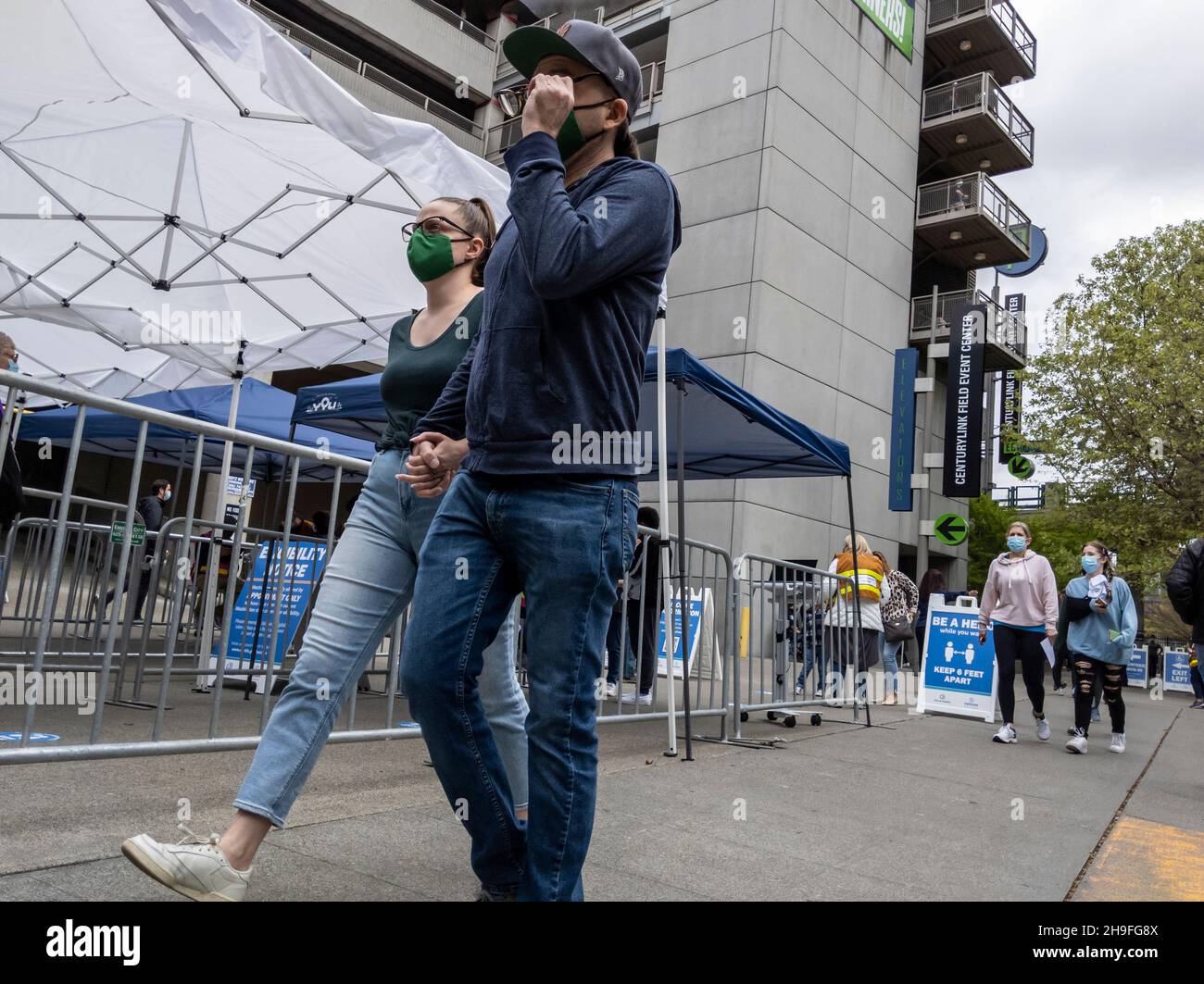Seattle, WA USA - circa May 2021: View of separated lines for people to ...