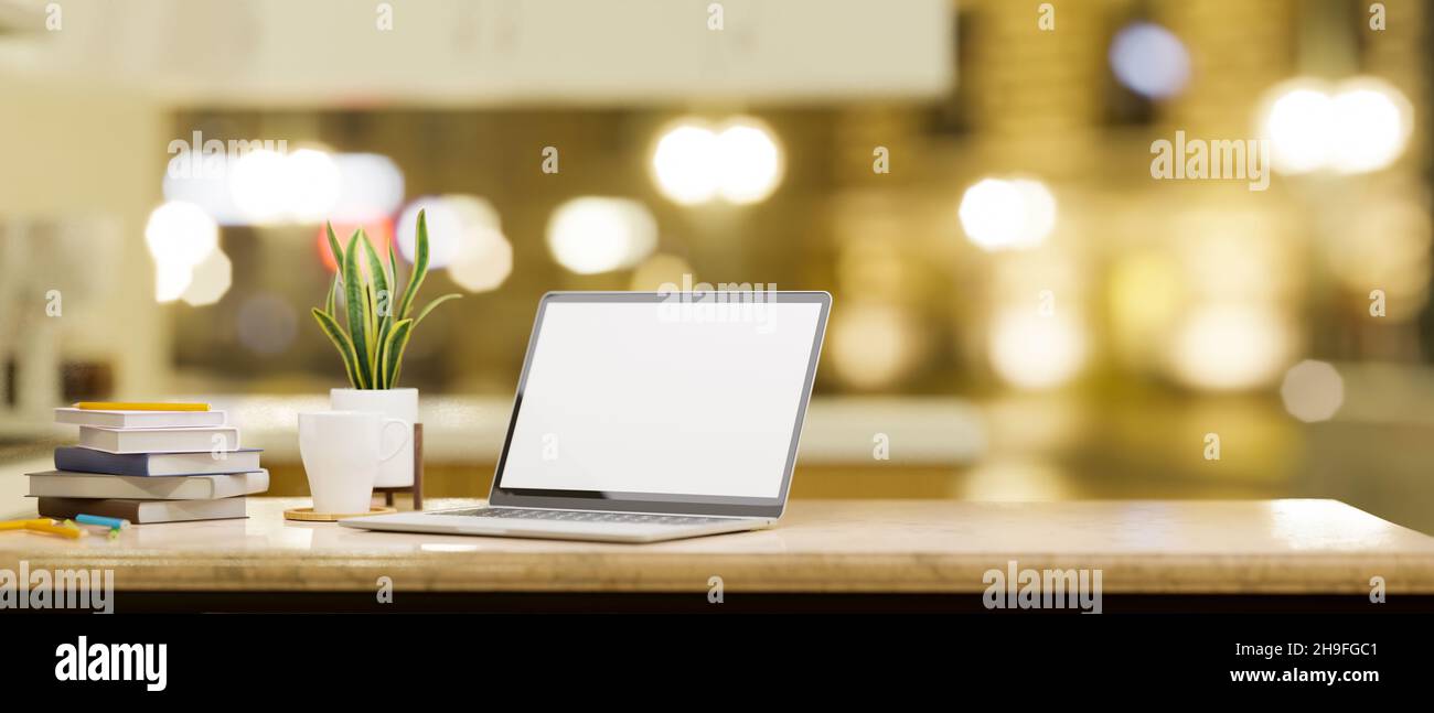 Close-up, white screen laptop computer with copy space on working table ...