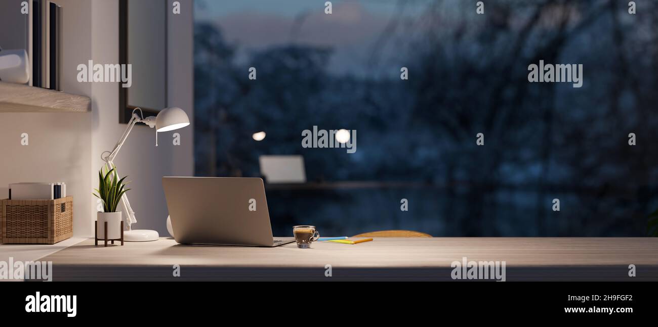 Modern home office room with laptop computer and copy space on working ...