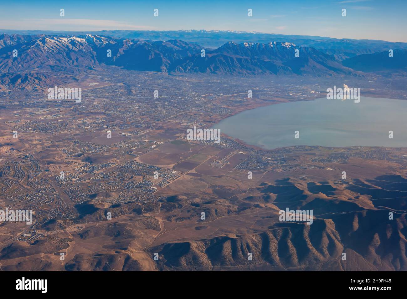 Aerial view of the Utah Lake and city around at Utah, USA Stock Photo ...