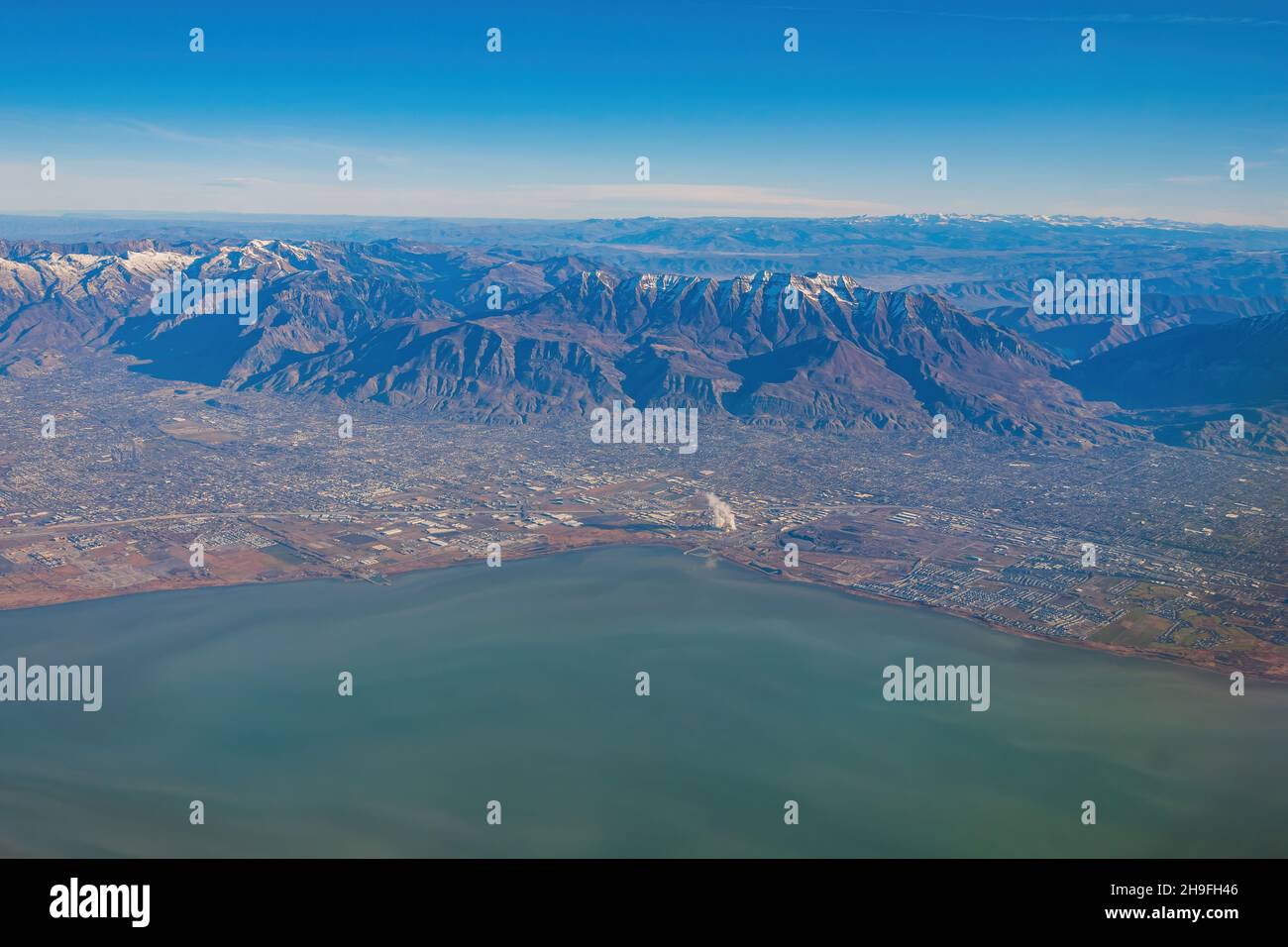 Aerial view of the Utah Lake and city around at Utah, USA Stock Photo ...