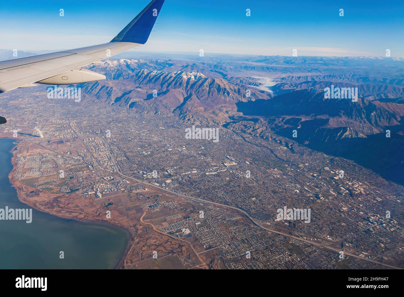 Aerial view of the Utah Lake and city around at Utah, USA Stock Photo ...