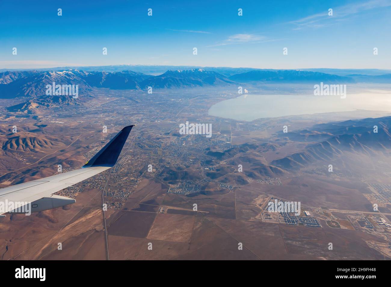Aerial view of the Utah Lake and city around at Utah, USA Stock Photo ...