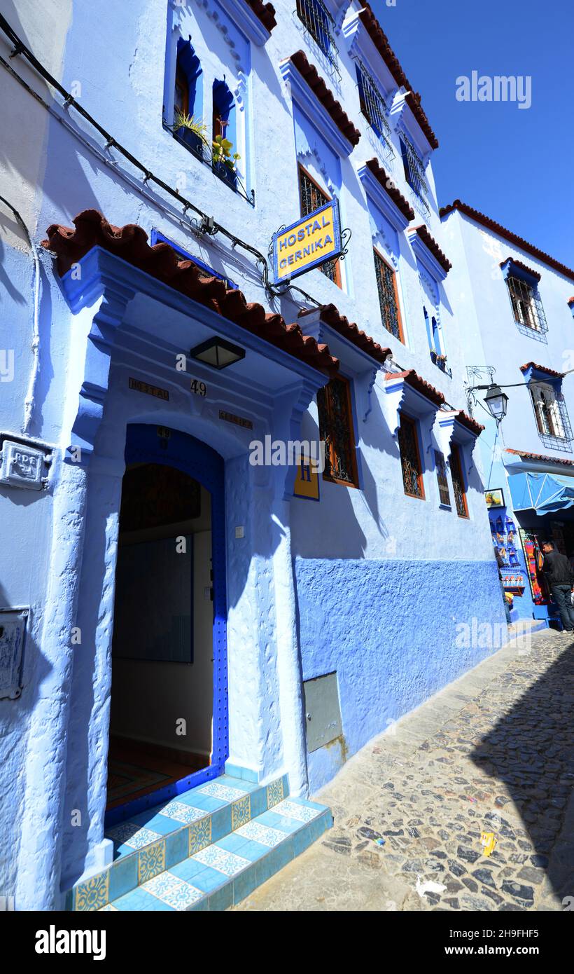 Traditionally blue painted houses in the medina of Chefchaouen in the ...