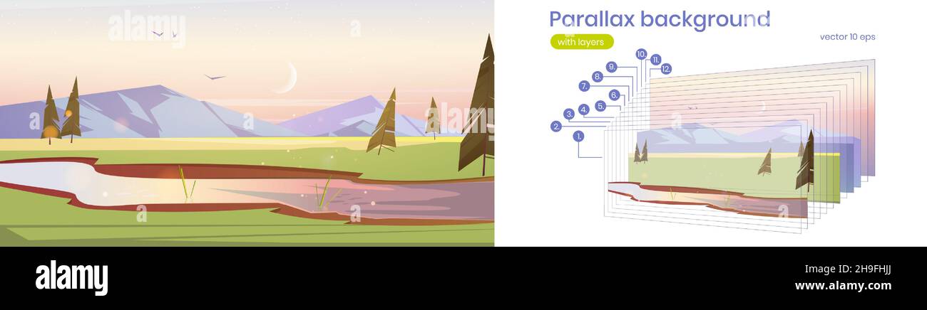Parallax background early morning cartoon scenery landscape with green ...