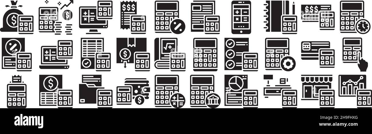 Calculator icon set solid filled glyph pack collection vector ...