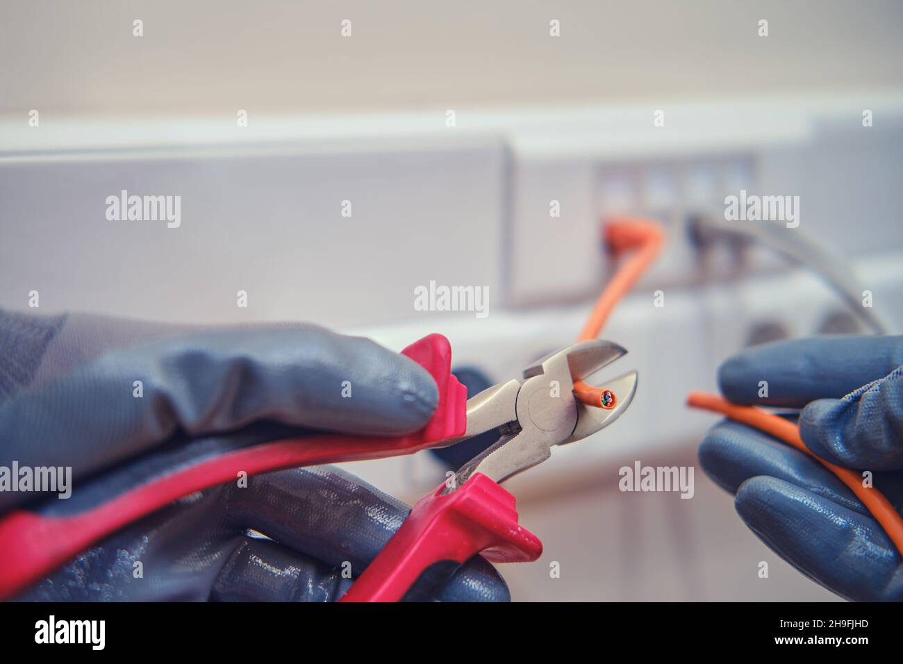 Cutting the computer network wire in the office in pieces Stock Photo ...