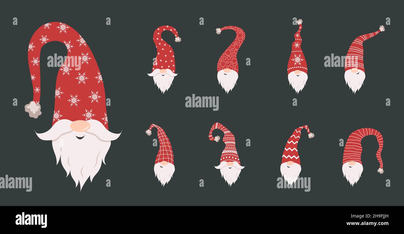 Cute gnomes faces in santa hats on black background. Scandinavian ...