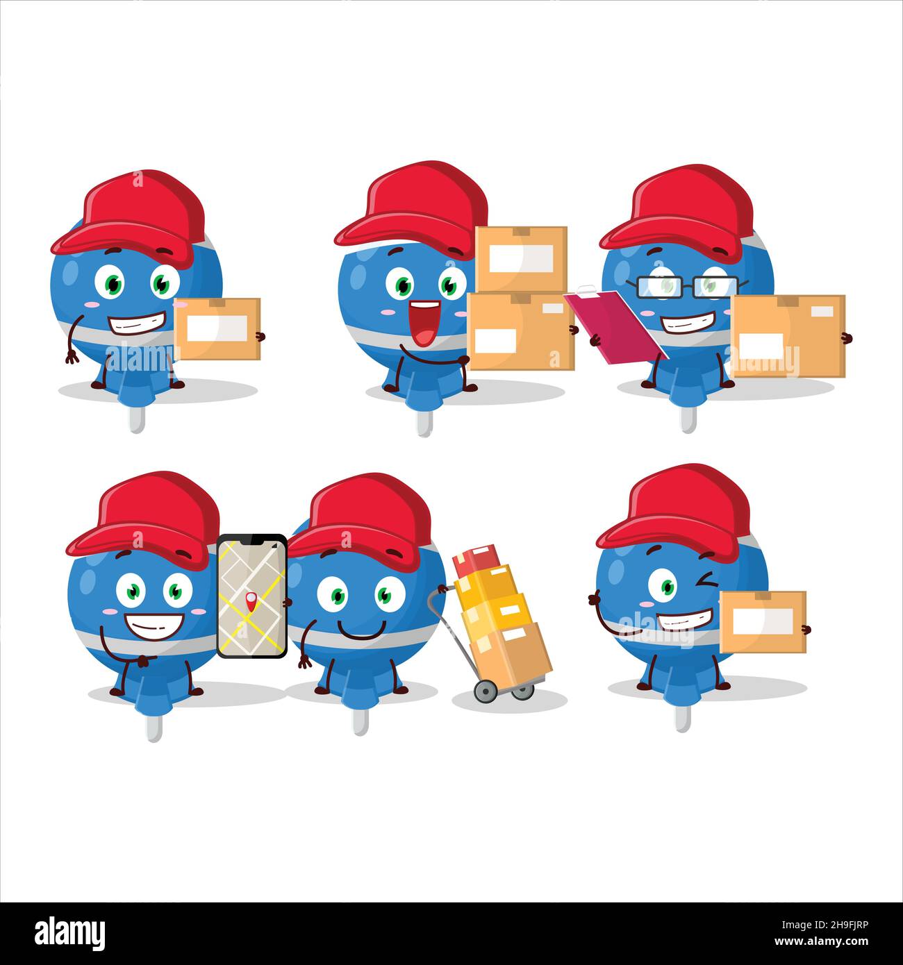 Cartoon character design of blue lolipop wrapped working as a courier ...