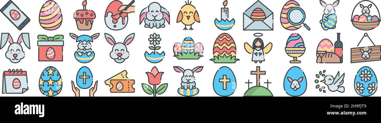 Easter Bunny icon set color solid outline pack collection vector ...