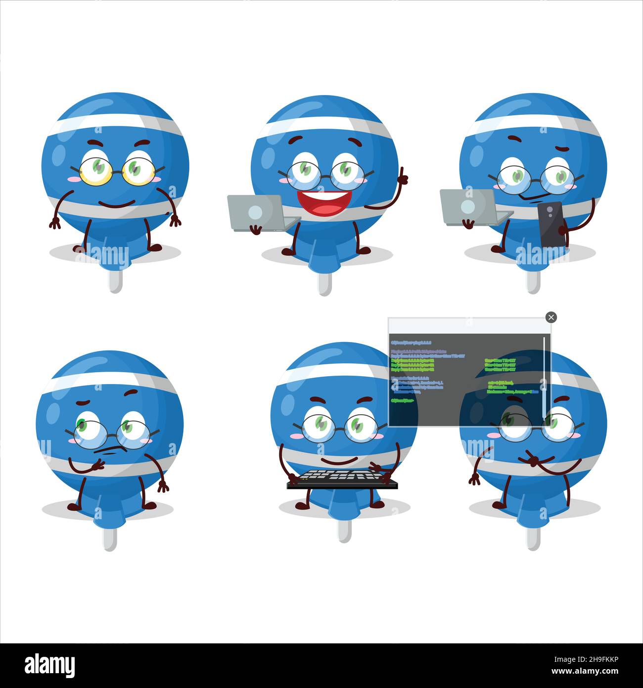 Blue lolipop wrapped Programmer cute cartoon character with. Vector ...