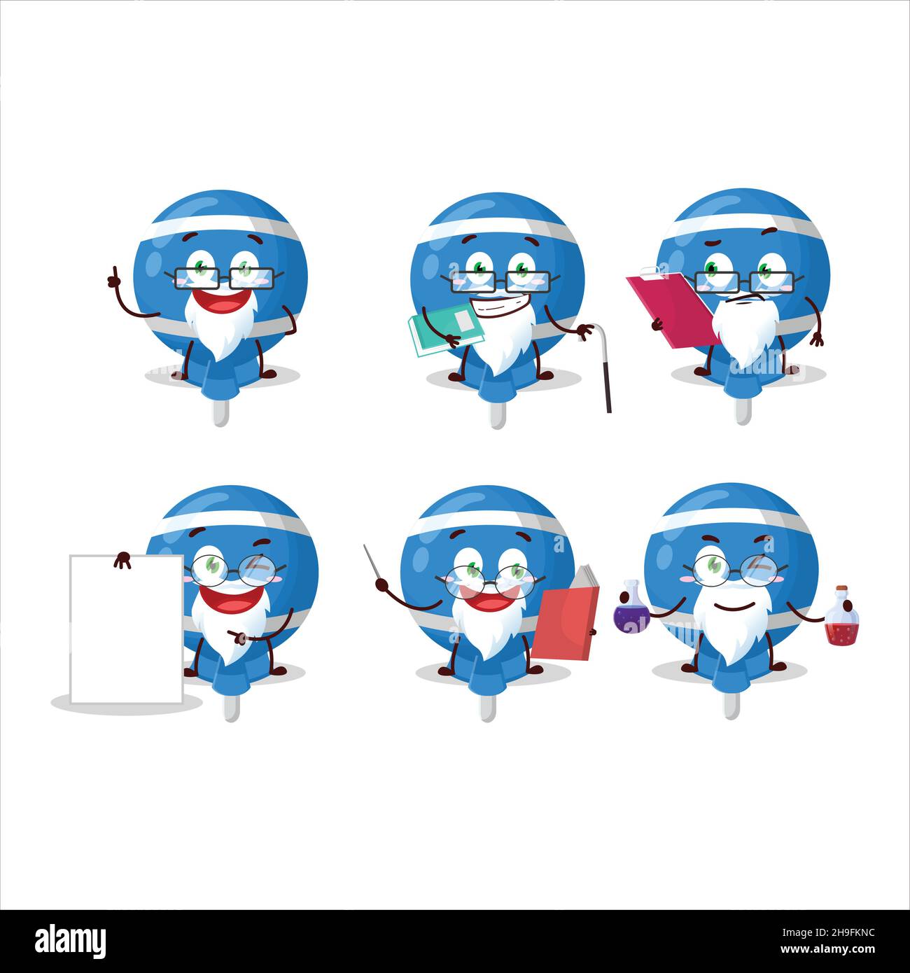 Professor blue lolipop wrapped academic cartoon character working on ...