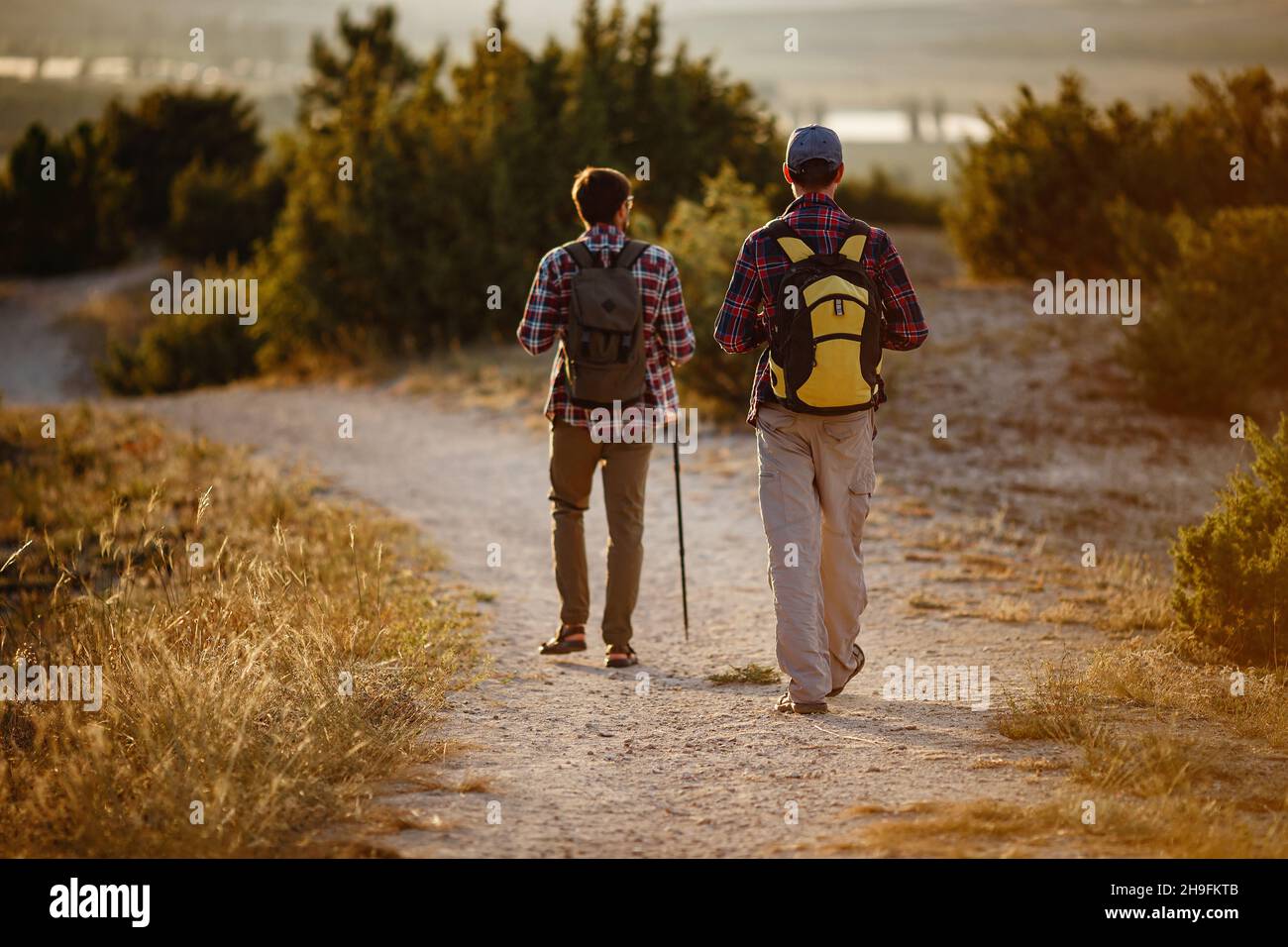 two men hikers enjoy a walk in nature, sunset time in summer. enjoying ...