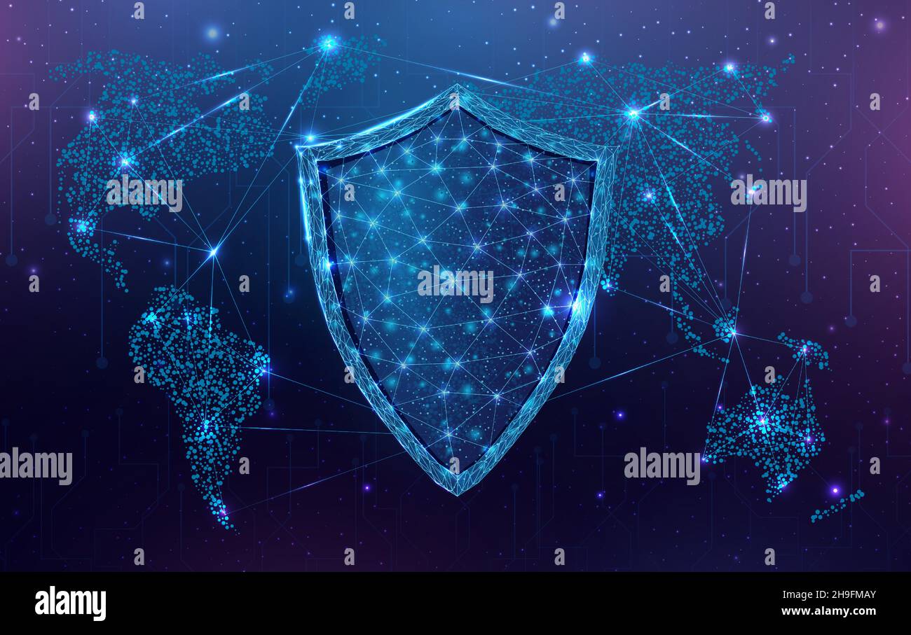 Wireframe polygonal shield with globe map. Cyber security, world ...
