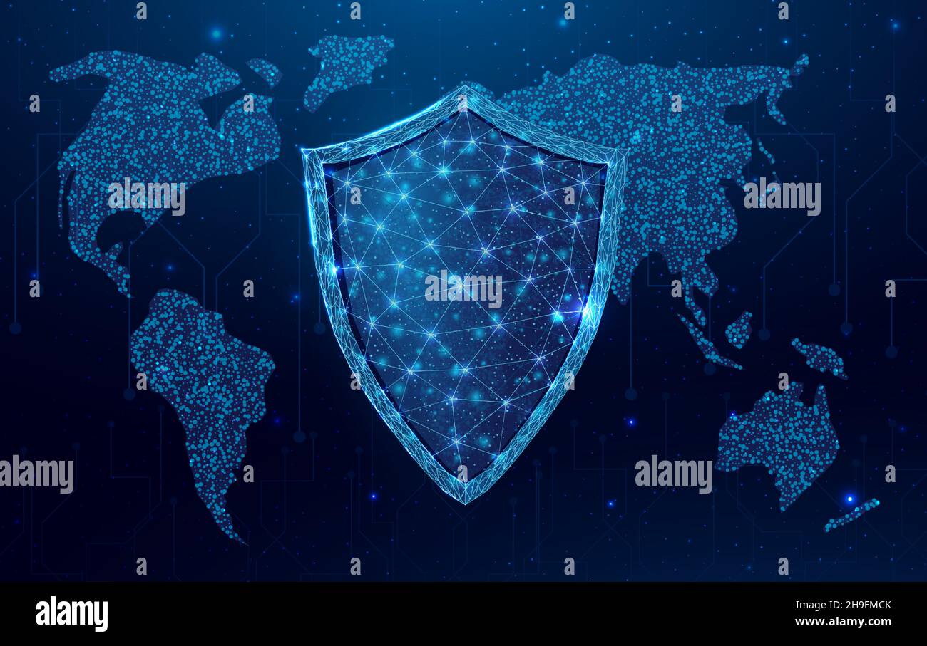Wireframe polygonal shield with globe map. Cyber security, world protection concept with glowing ...