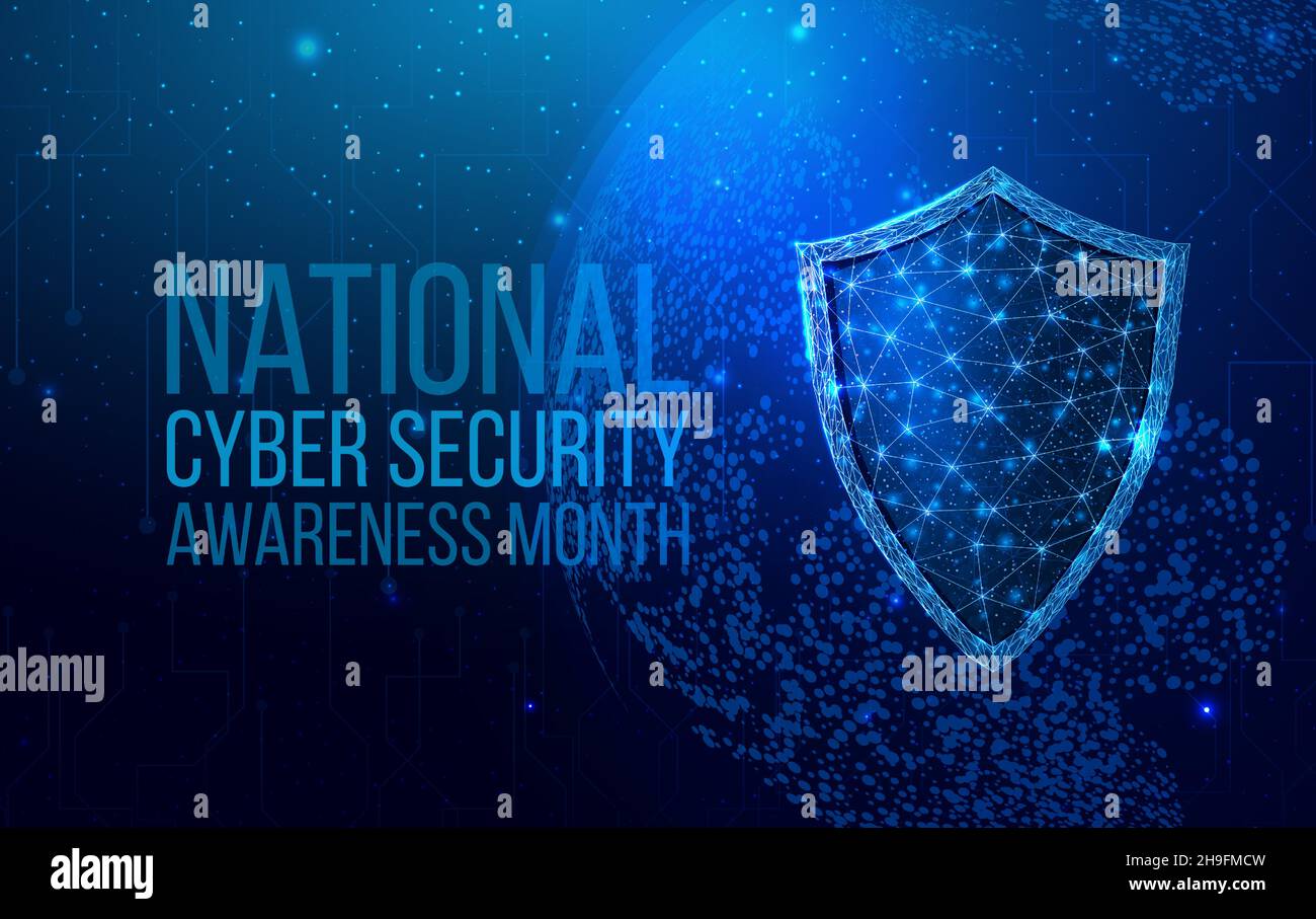 National Cyber Security Awareness Month. Wireframe polygonal shield ...
