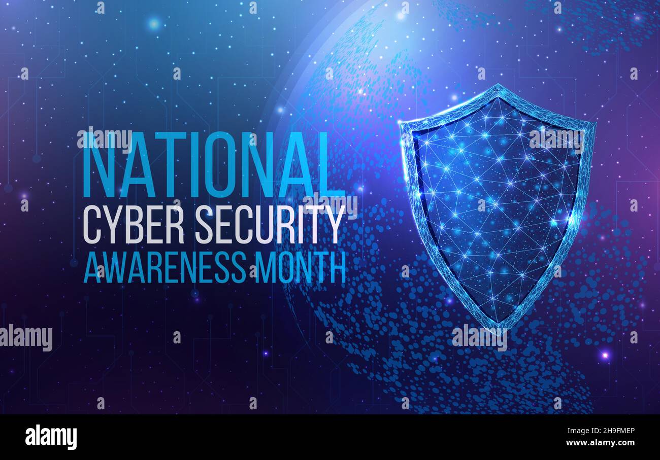 National Cyber Security Awareness Month. Wireframe polygonal shield ...