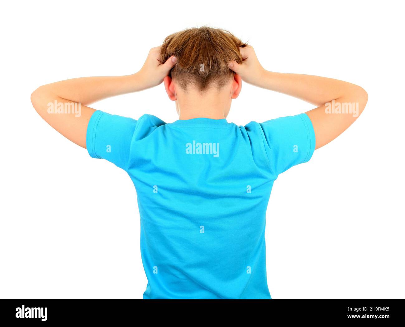 Rear view of Teenager with Hands on the Head on the White Background ...