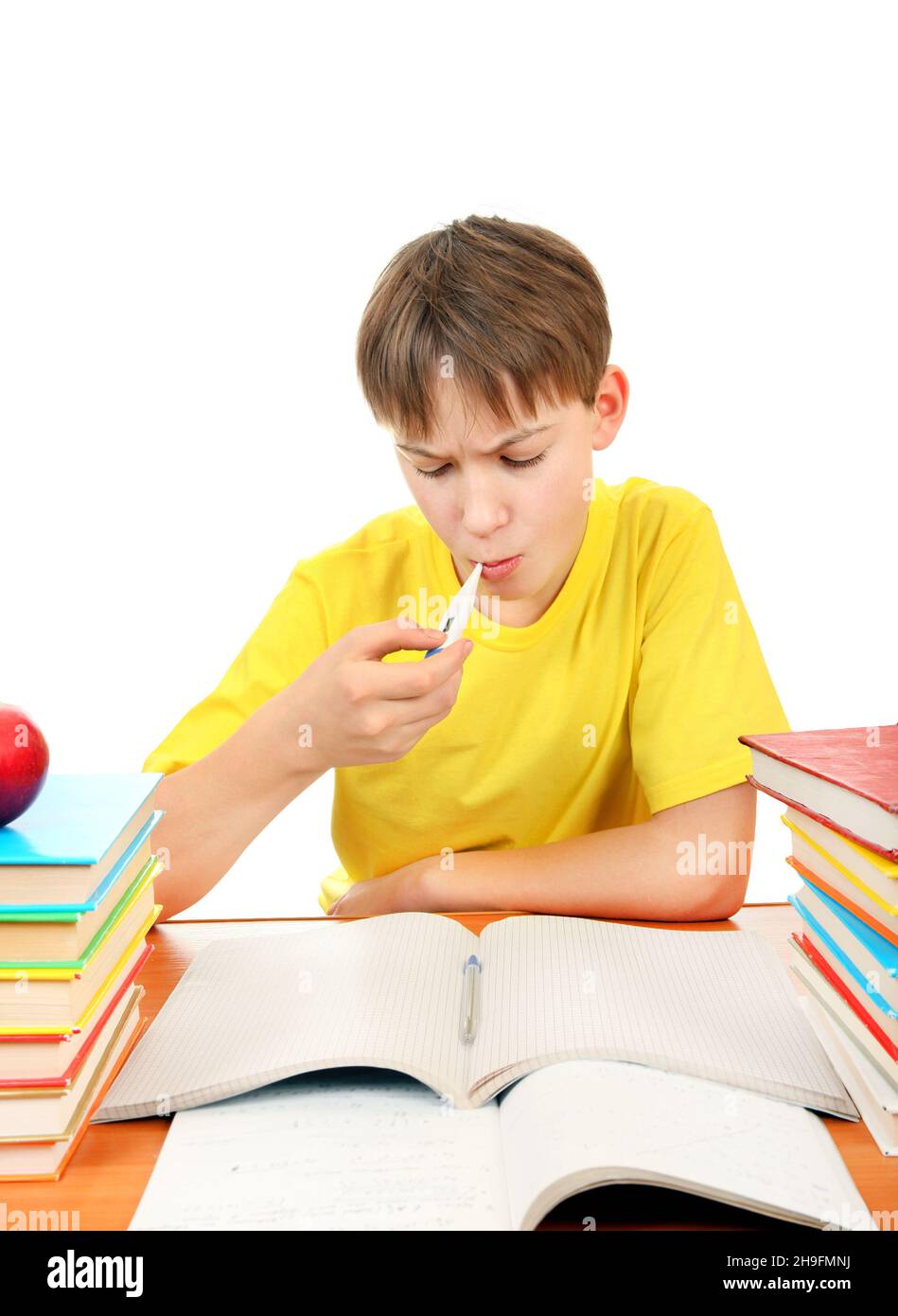 Sick Schoolboy with Thermometer and Books on the White Background Stock ...