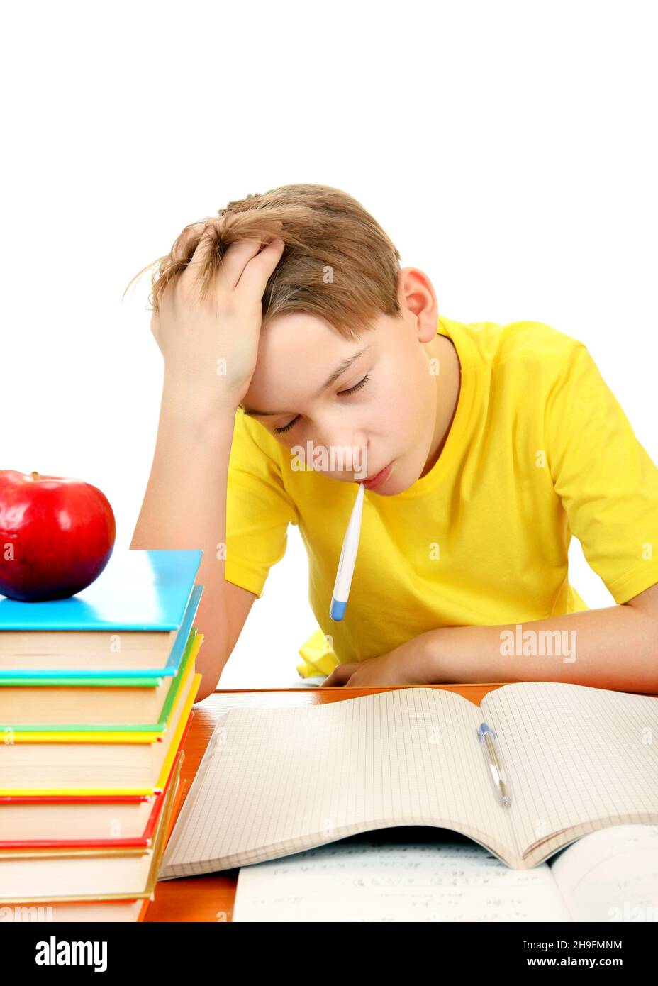 Sick Schoolboy with Thermometer and Books on the White Background Stock ...