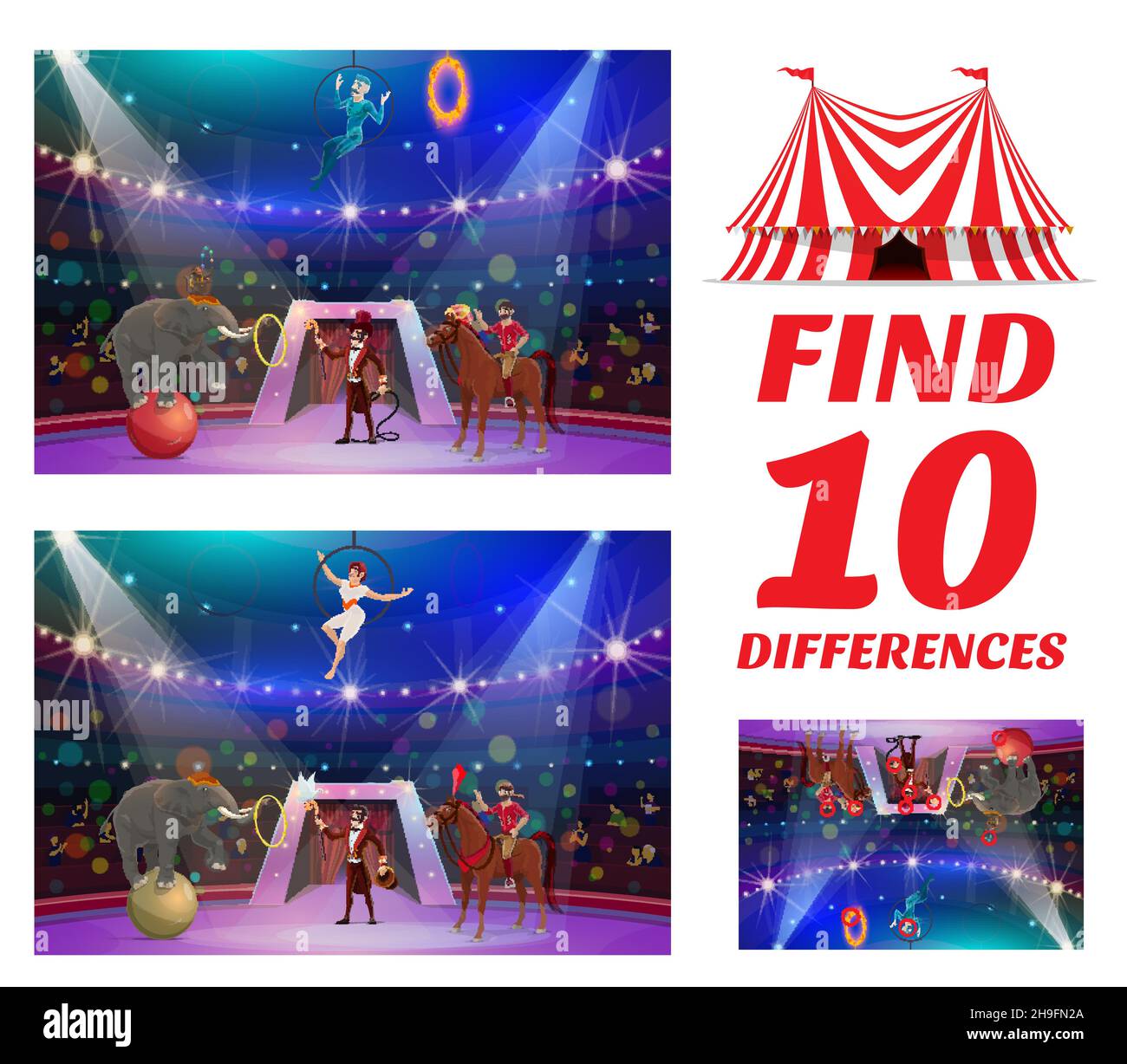 Kids riddle game, find differences on shapito circus stage, vector ...