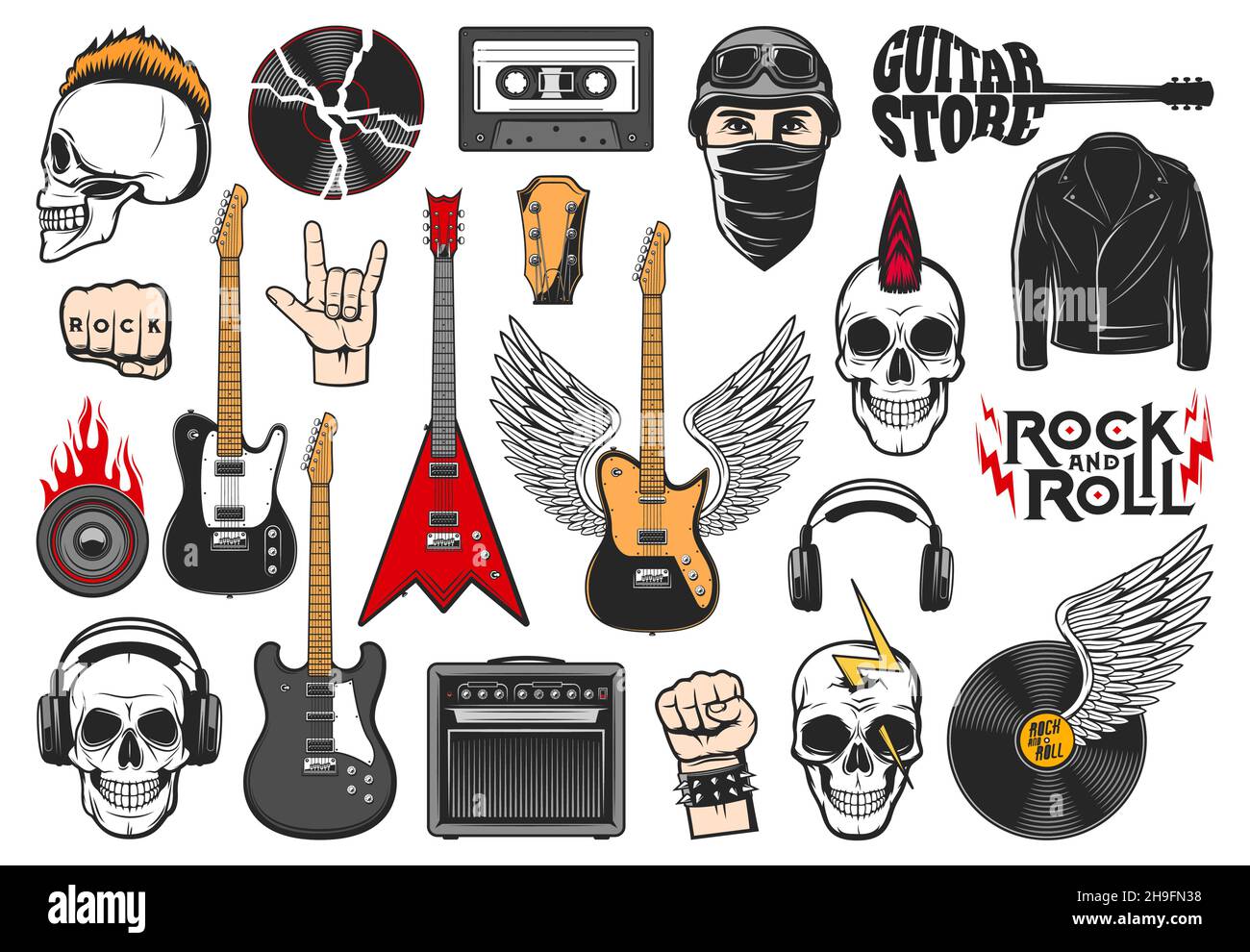 Rock music isolated vector icons of rock and roll, heavy and grunge ...