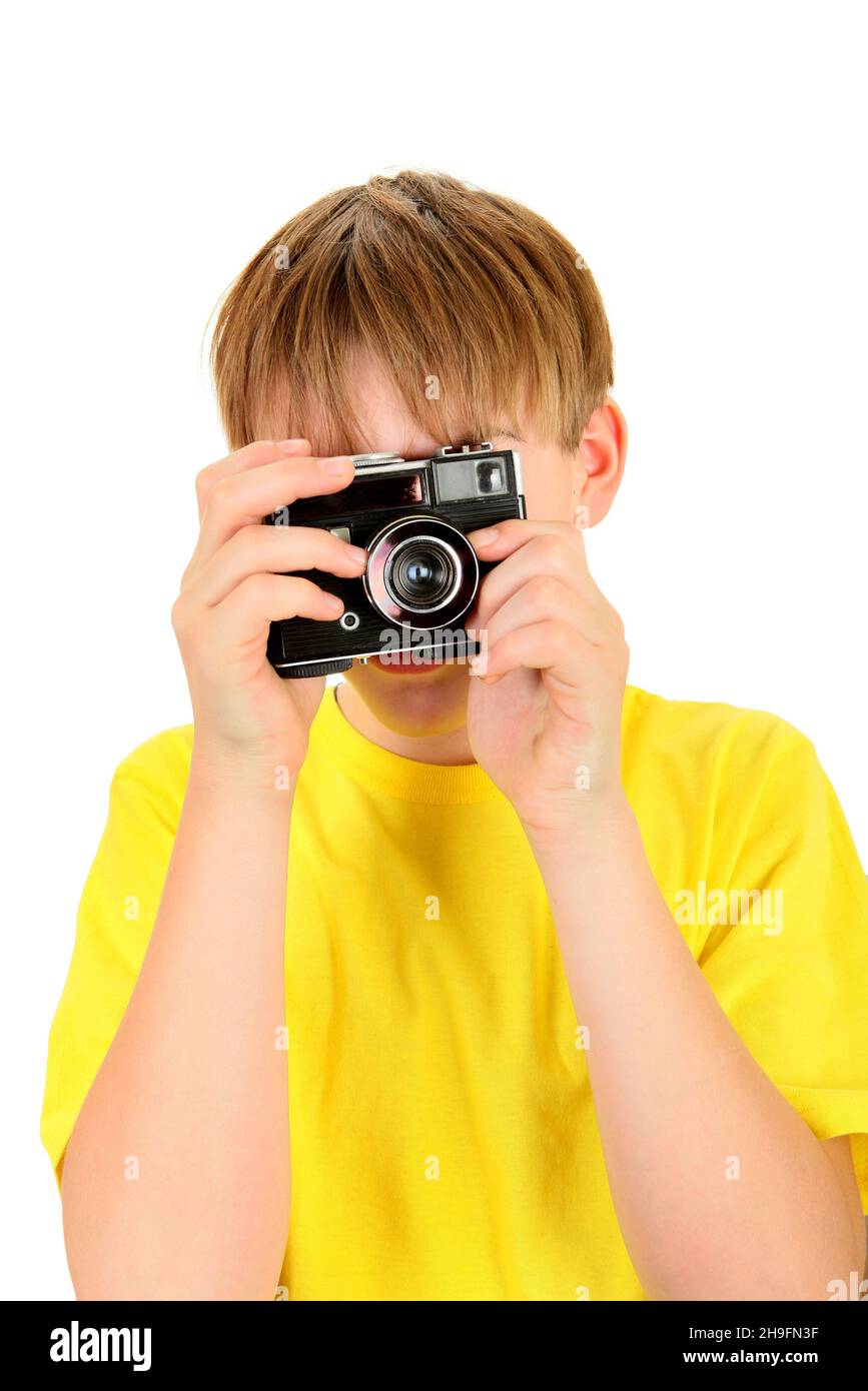 Kid with Vintage Photo Camera Isolated on the White Background Stock ...