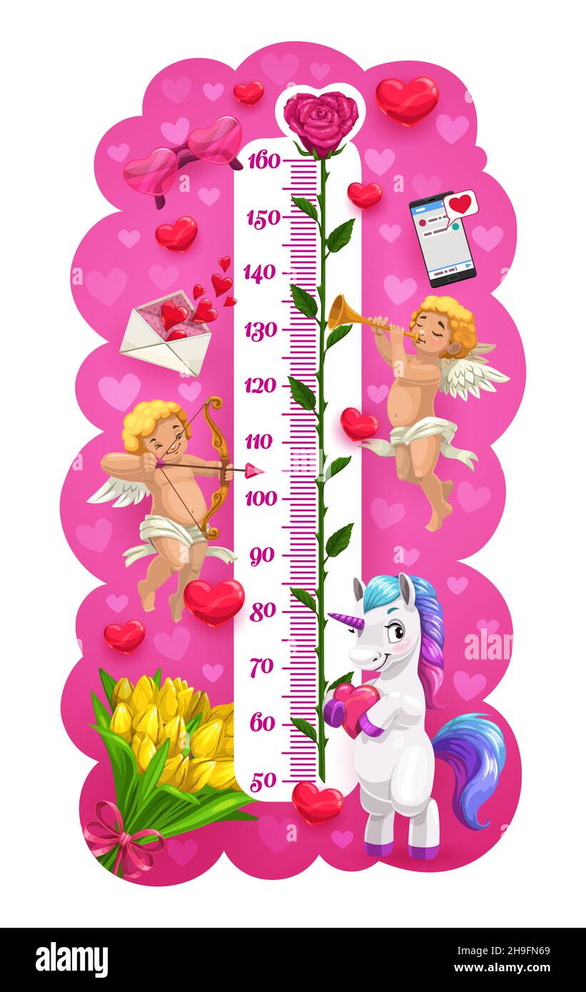 Cupids and love hearts height chart vector design of romantic kids ...