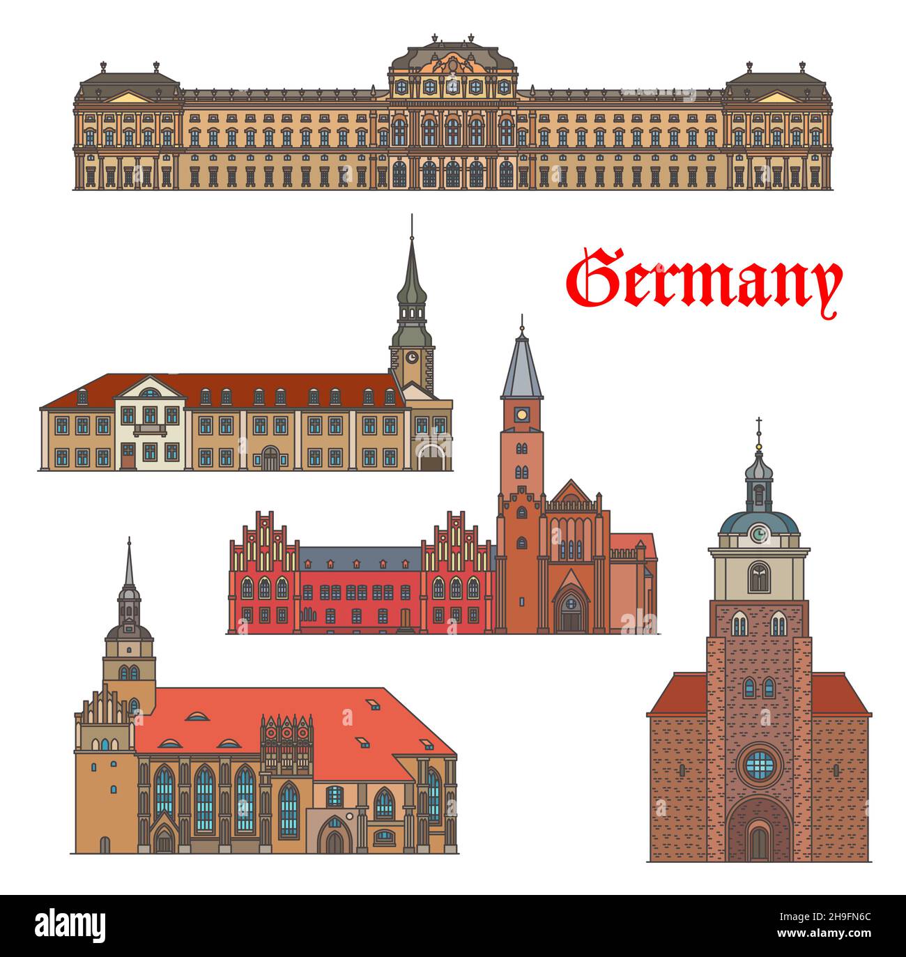 Germany architecture buildings of Brandenburg and Wurzburg, vector ...