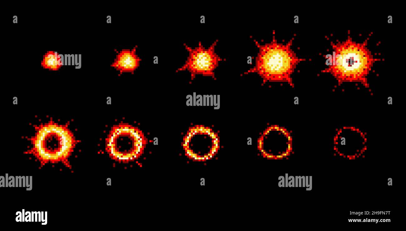 Pixel art explosion and burst animate sprites. Vector 8 bit boom, blast ...