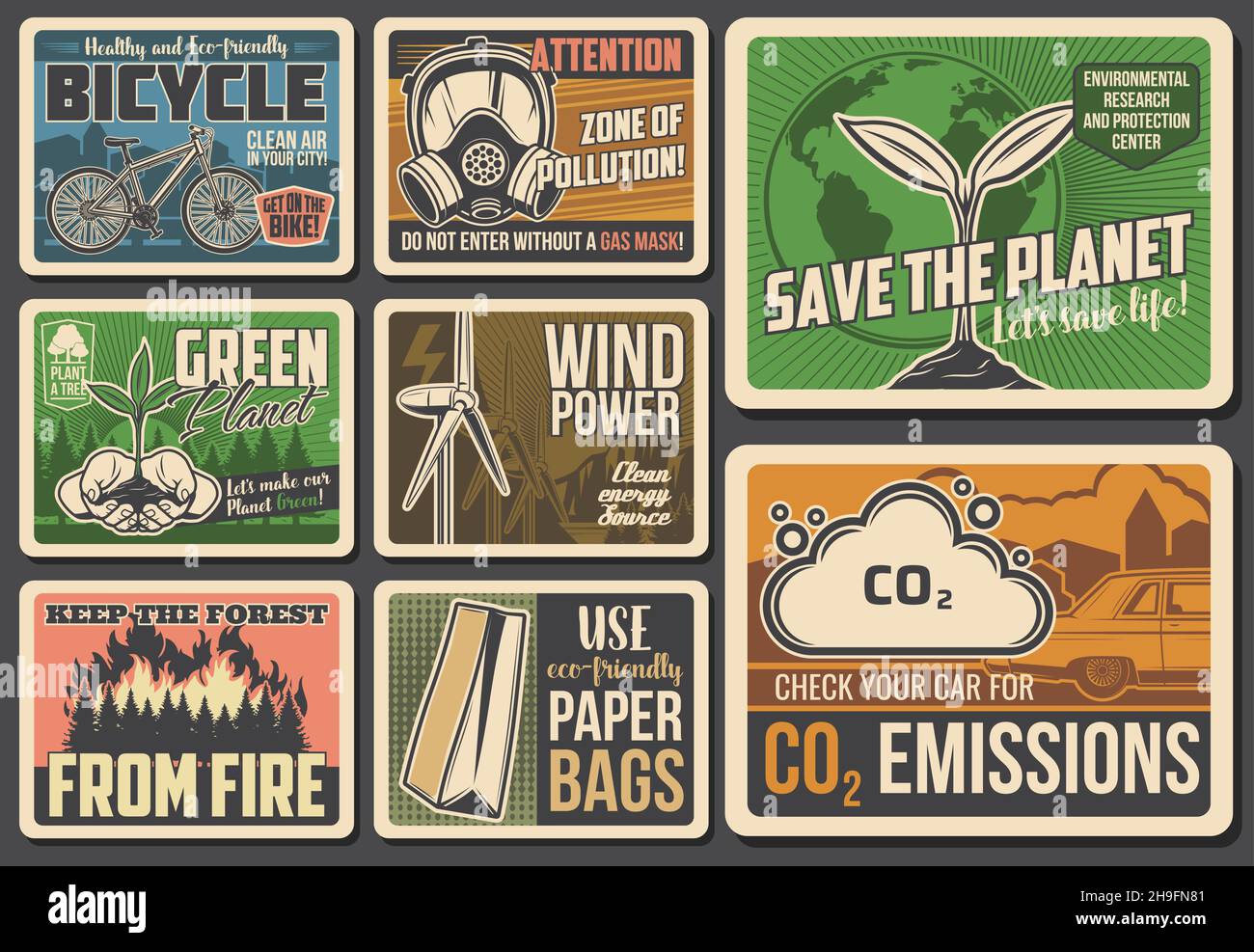 Ecological retro vector posters. Eco friendly bicycle, zone of ...