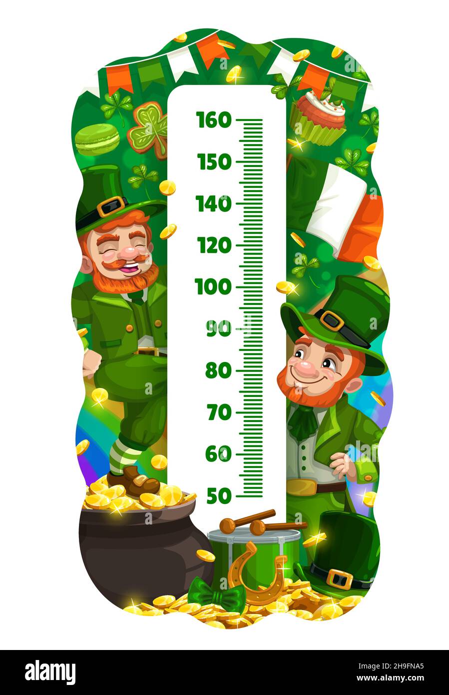 Kids height chart. Cartoon funny leprechauns and gold. Growth meter ...