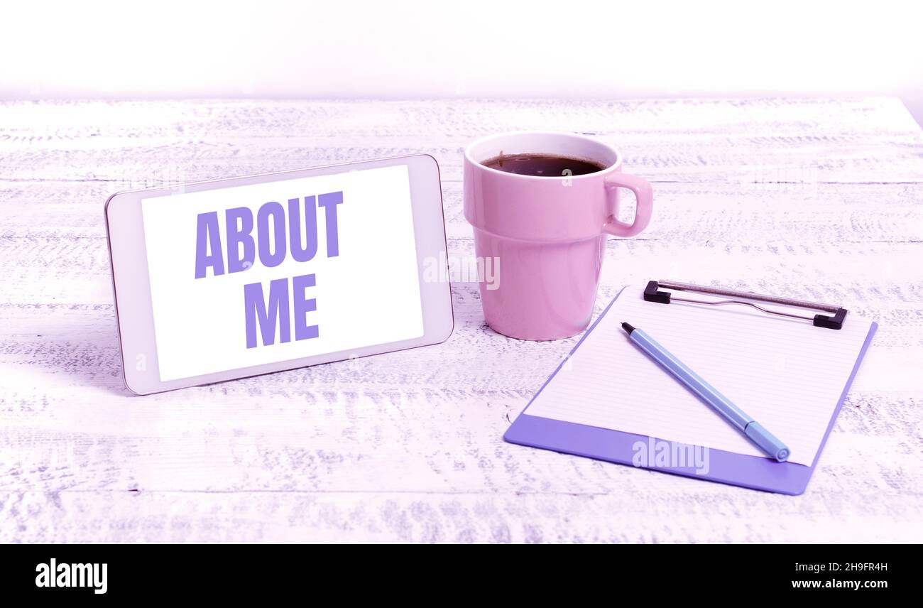 Sign displaying About Me. Business concept telling someone list of your ...