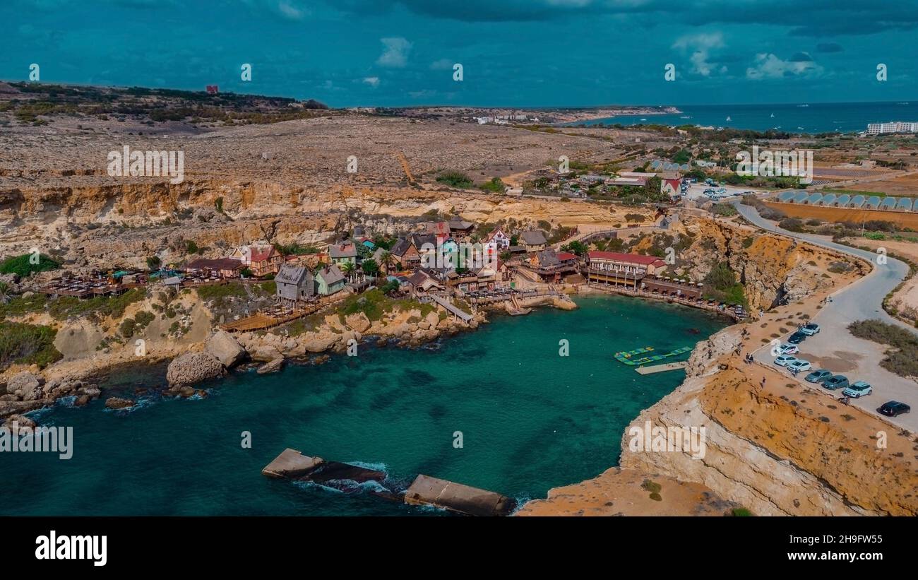 Aerial drone Panorama of picturesque bay in Malta called Popeye village ...